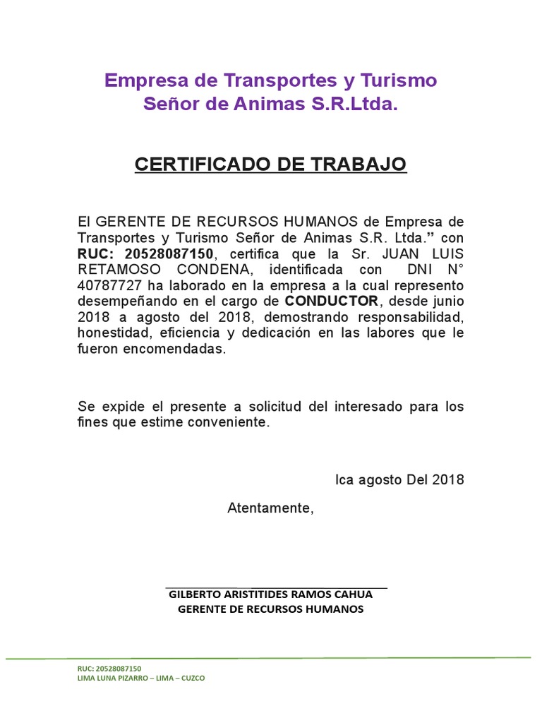 Certificado De Trabajo De Transporte Pdf