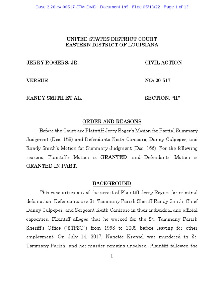 R. Doc. 195 - Order Granting Jerry Rogers' Motion For Summary Judgment ...