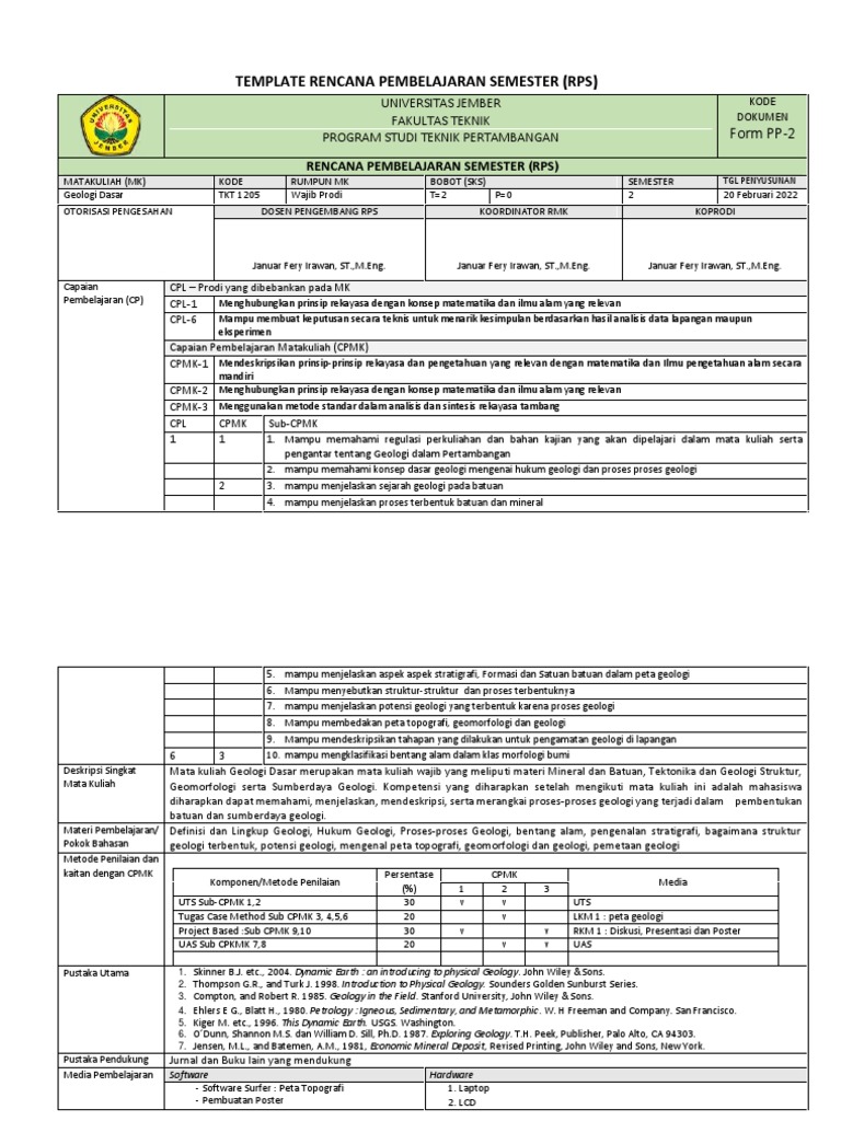 Template Rencana Pembelajaran Semester (RPS) Form PP-2 | PDF
