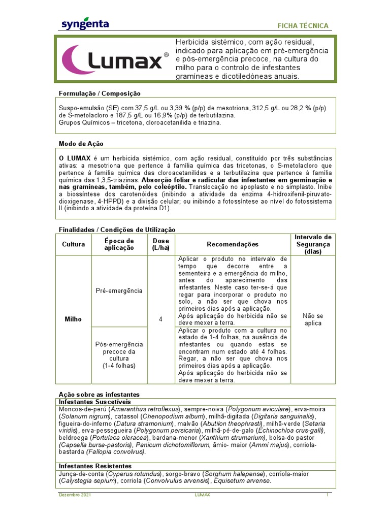 Ficha Tecnica Lumax | PDF | Embalagem e rotulagem | Plantas