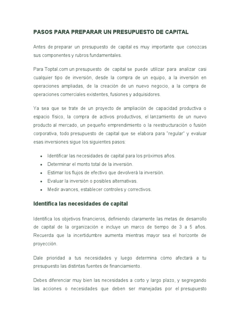 Pasos para Preparar Un Presupuesto de Capital | PDF | Presupuesto | Inversiones