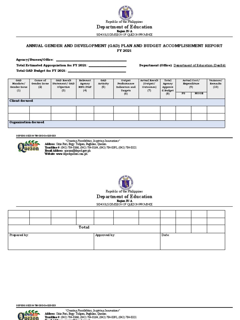 Department of Education: Annual Gender and Development (Gad) Plan and ...