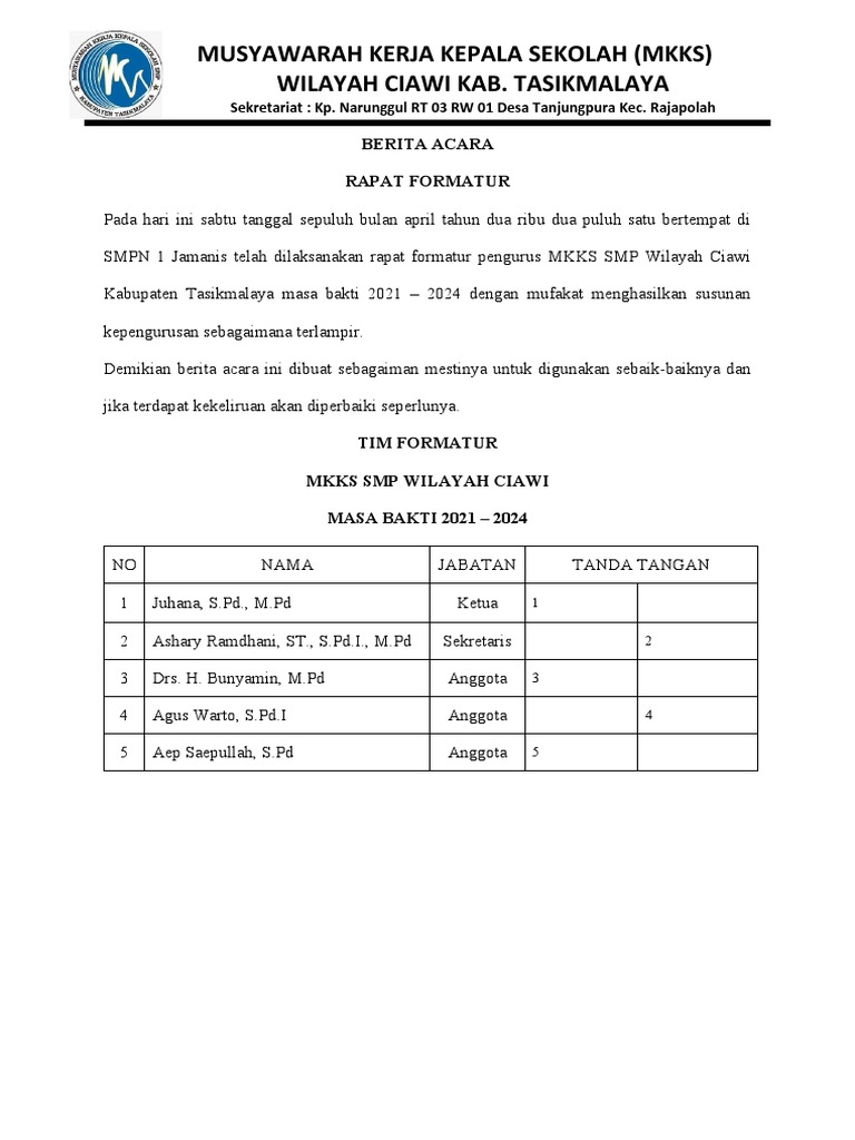 f133 - BERITA ACARA FORMATUR DAN PENGAJUAN SK MKKS CIAWI 2021 | PDF