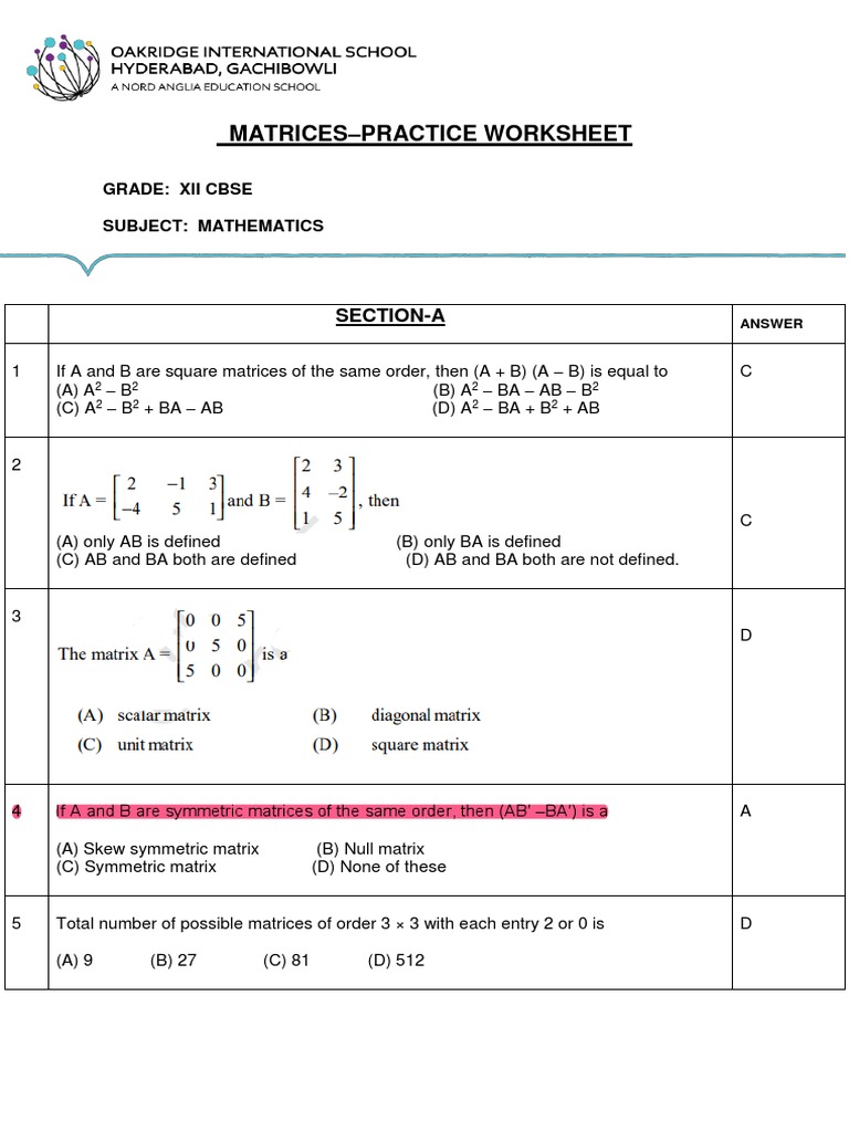 Matrices - Practice Worksheet: Section-A | PDF | Matrix (Mathematics ...