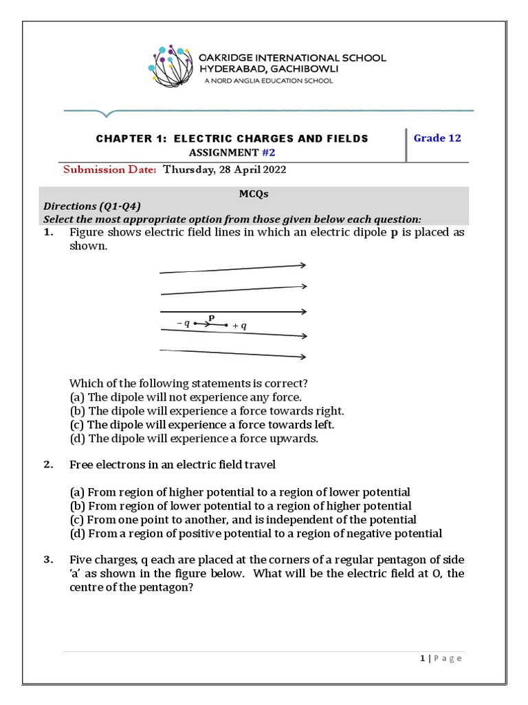 Electric Charges & Fields Assignment-2 | PDF | Electric Field | Force