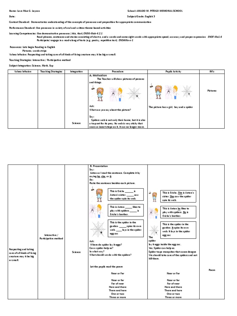 New Detailed Lesson Plan GRADE 3 | PDF | Spider | English Language