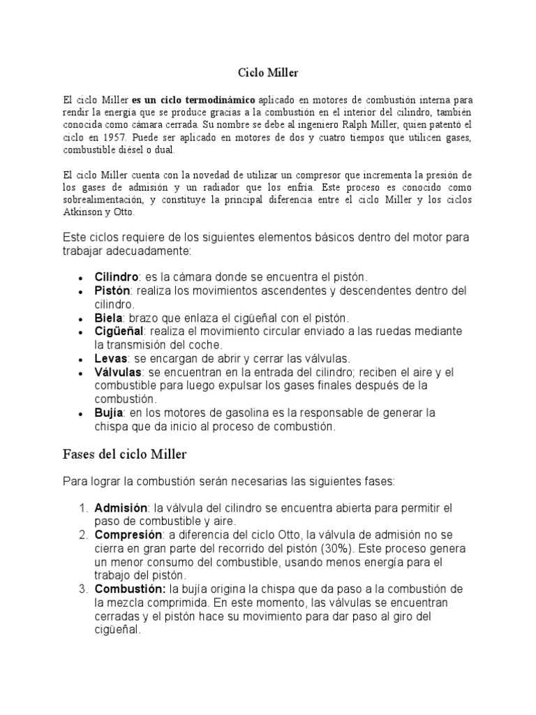 Ciclo Miller: Motor y Fases Clave | PDF | Tecnología