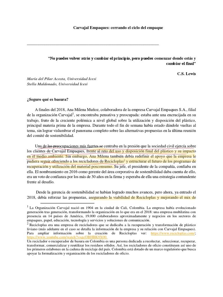 Caso Carvajal Empaques Pdf El Plastico Residuos