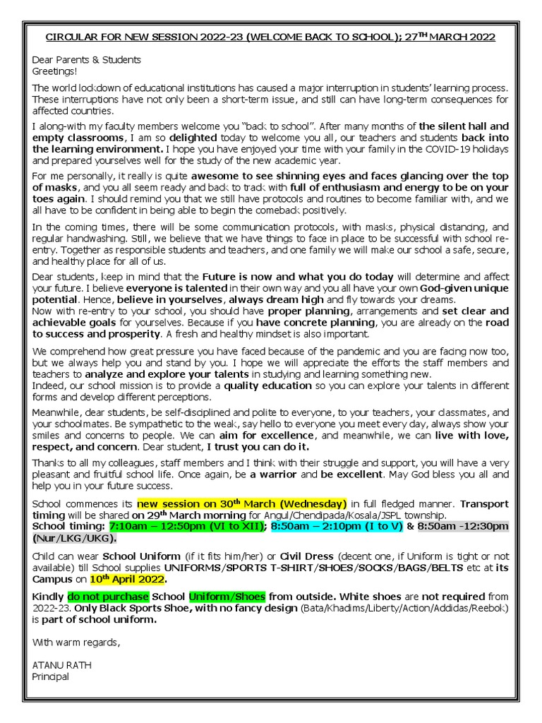 Circular For New Session 2022 | PDF | Cognition