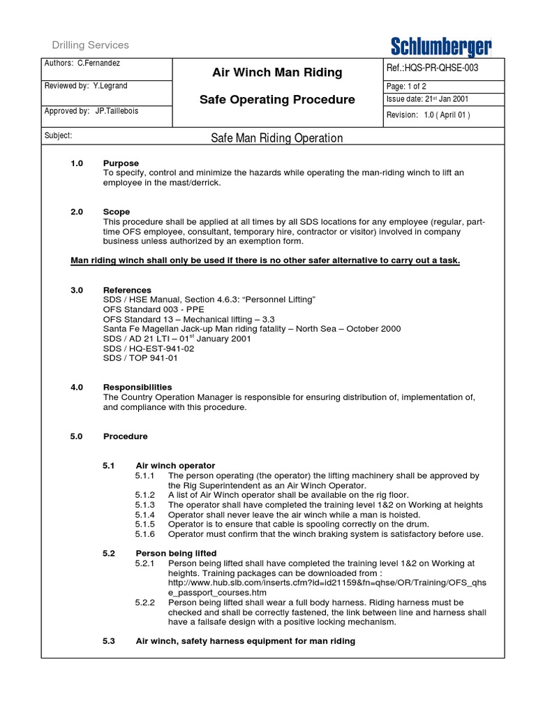 Air Winch Man Riding Safe Operating Procedure Safe Man Riding Operation ...