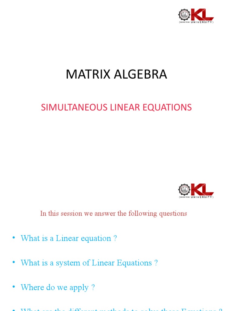 Matrix Algebra: Simultaneous Linear Equations | PDF | Equations ...