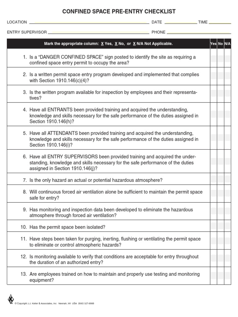 Confined Space Pre-Entry Checklist: Mark The Appropriate Column: X Yes ...