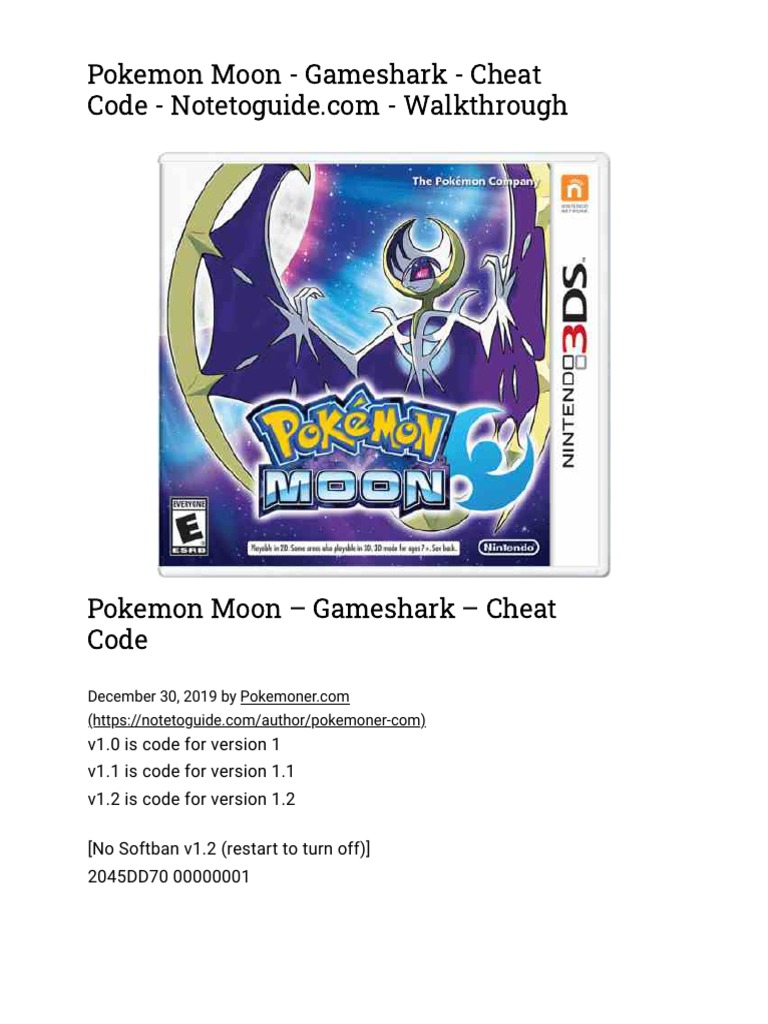Pokemon Moon Cheat Codes | PDF | Nintendo | Video Game Publishers