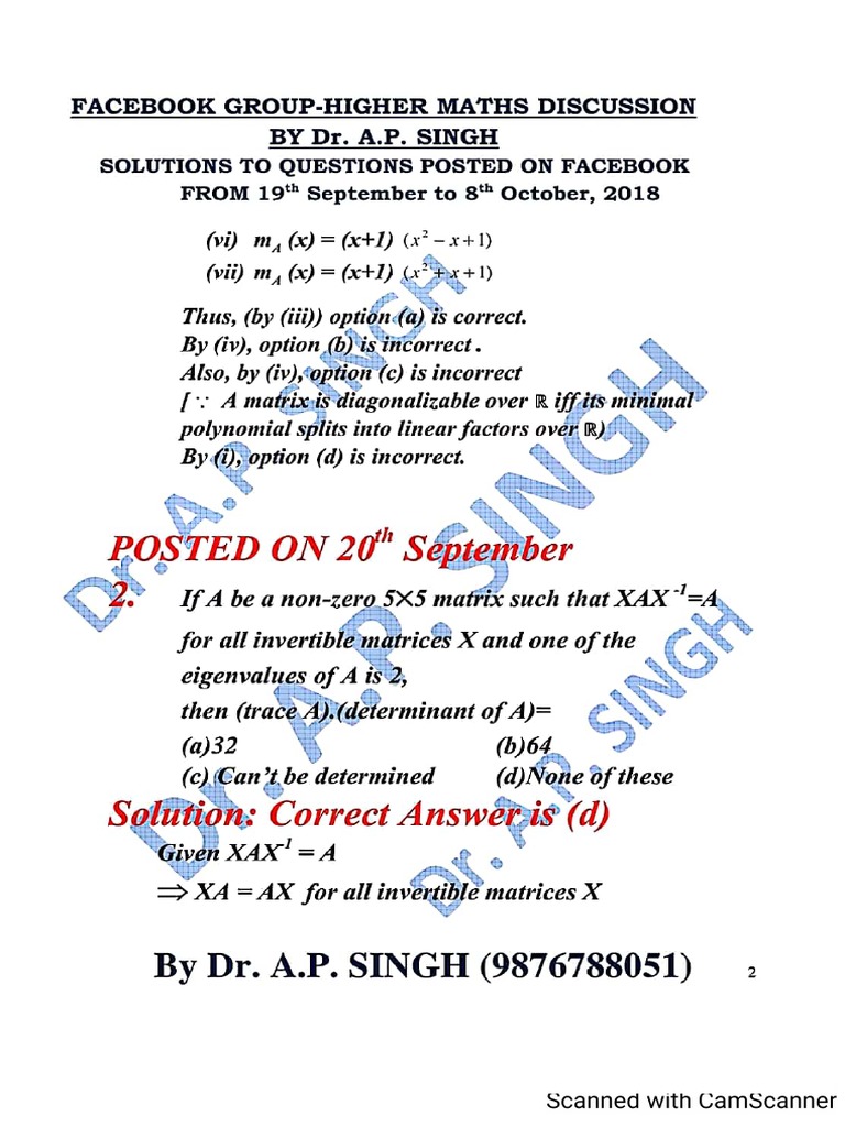 LINEAR ALGEBRA (Practice Solutions Set) by Dr. A.P. Singh | PDF