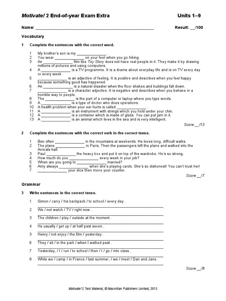 Motivate! 2 End-Of-Year Exam Extra: Units 1-9 | PDF | Language Arts ...