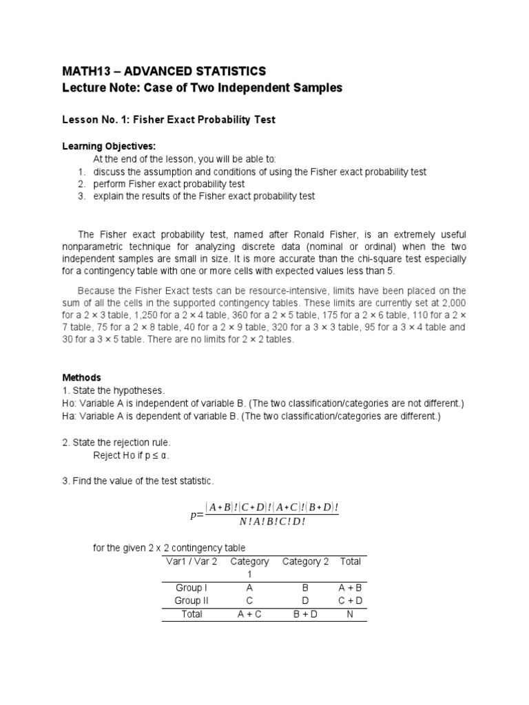 Math13 - Advanced Statistics Lecture Note: Case of Two Independent Samples | PDF | P Value ...
