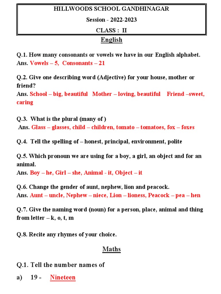 Class 1 Enterance Test | PDF | English Language | Grammatical Gender