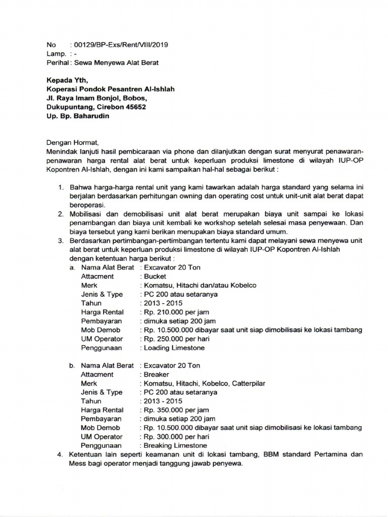 Surat Sewa Menyewa Alat Berat | PDF
