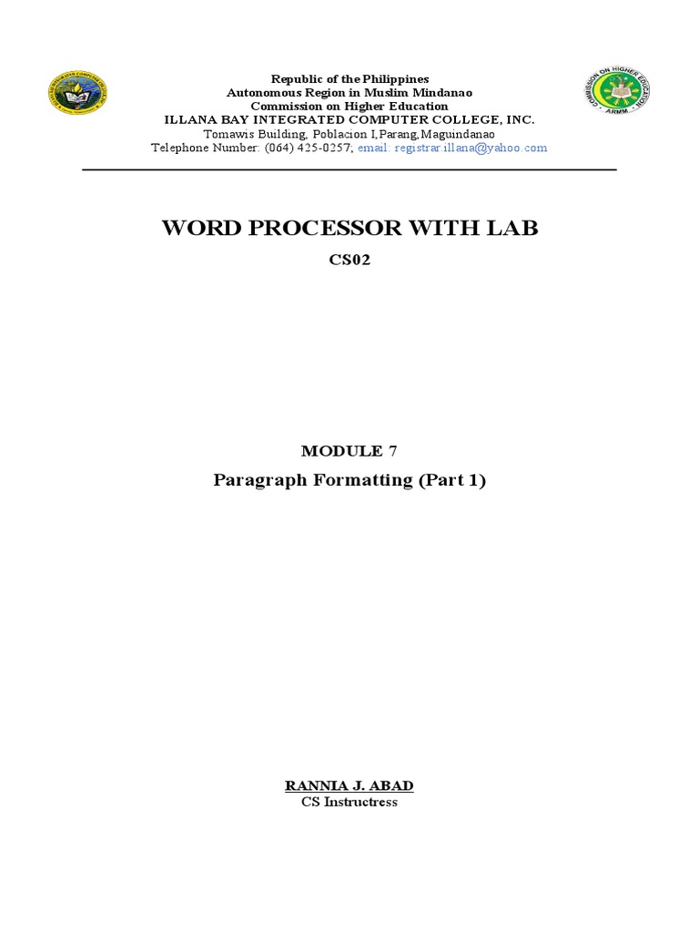 Word Processor With Lab: Paragraph Formatting (Part 1) | PDF | Paragraph | Computing