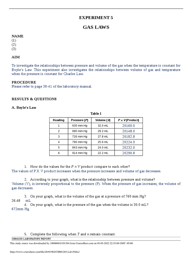 Gas Laws: Experiment 5 | PDF | Gases | Temperature