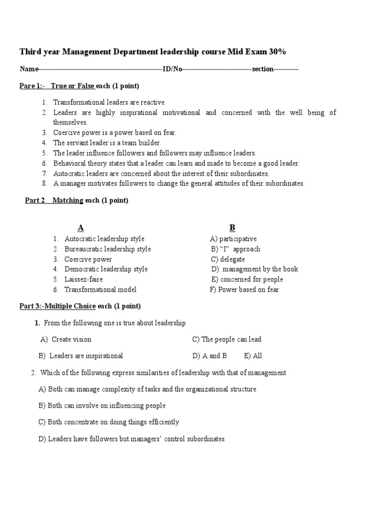Leadership Course Mid Exam Overview | PDF | Leadership | Leadership