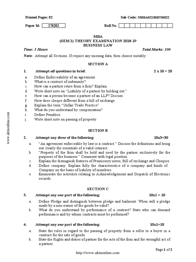 Mba 2 Sem Business Law Nmba022 2019 | PDF | Negotiable Instrument ...