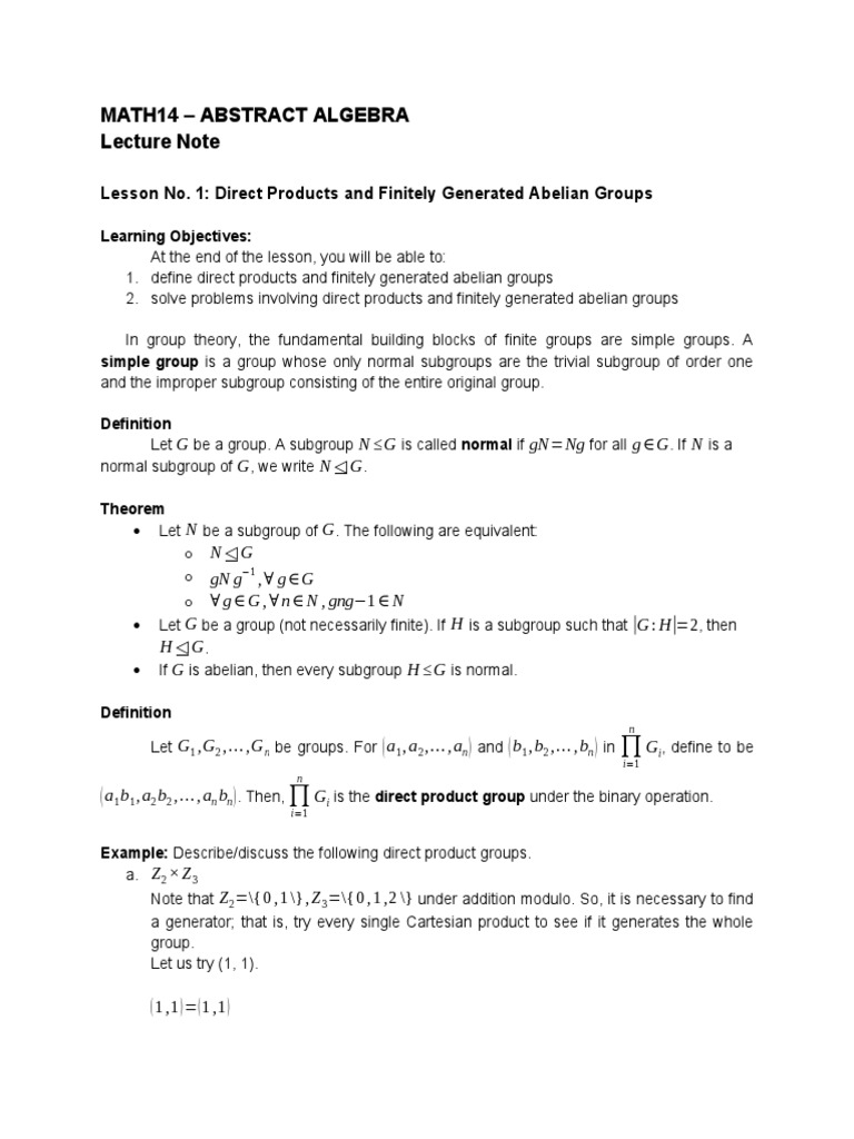 Math14 - Abstract Algebra Lecture Note: Lesson No. 1: Direct Products and Finitely Generated ...