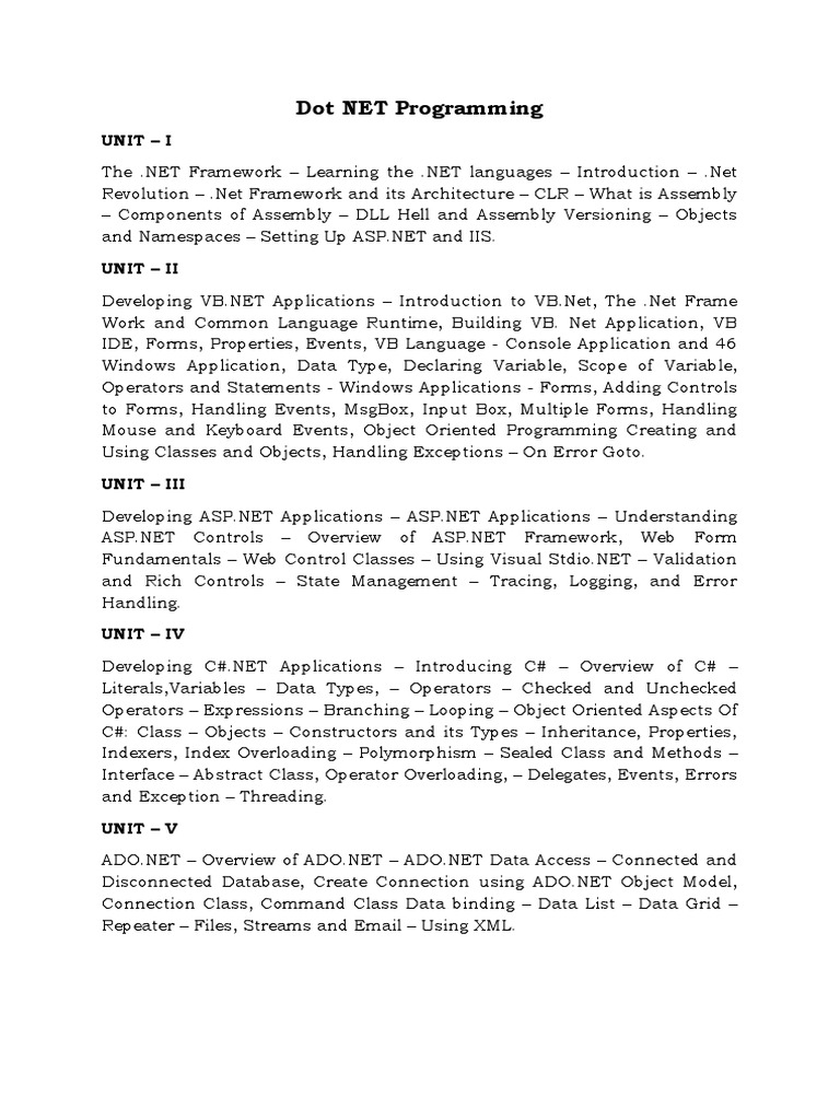 Dot Net Programming Unit I Pdf C Sharp Programming Language Namespace