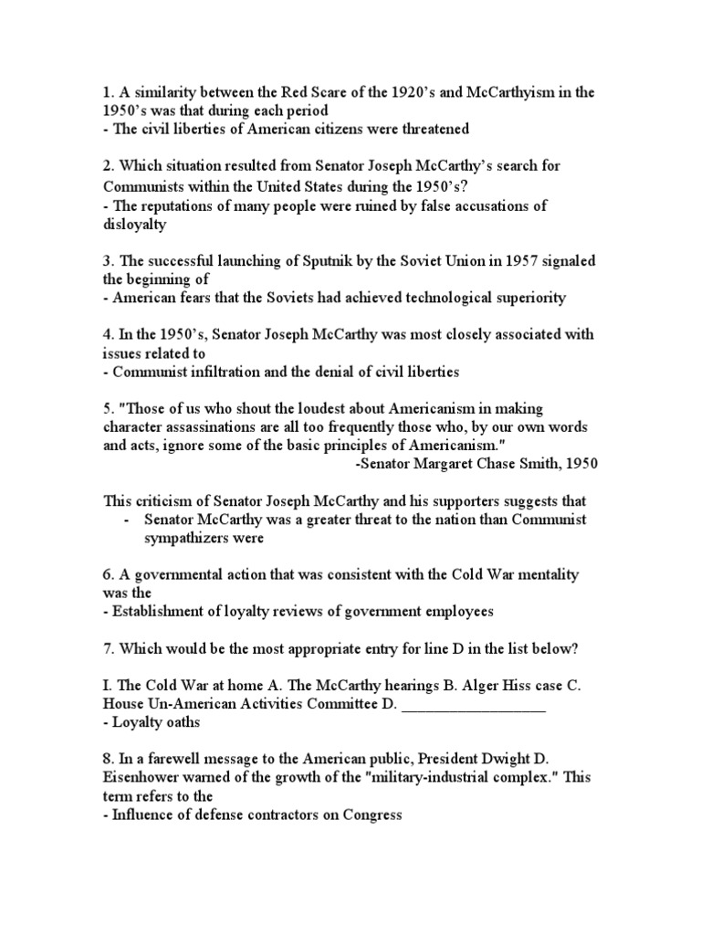 Cold War Regents Questions | PDF | Mc Carthyism | Joseph Mc Carthy