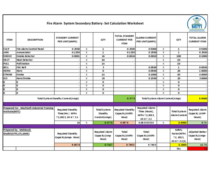 Fire Alarm System Secondary Battery Set Calculation, 10.6.7 | PDF ...