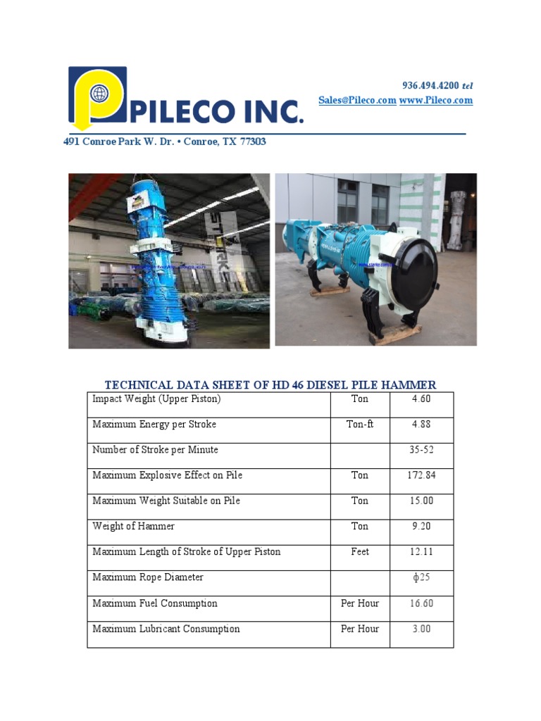 Technical Data Sheet of HD 46 Diesel Pile Hammer | PDF