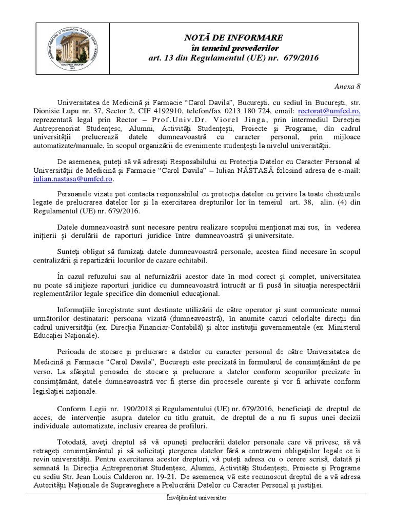 Anexa 8 Formular Consimtamant GDPR UMFCD | PDF