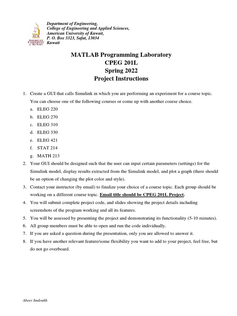 MATLAB Programming Laboratory CPEG 201L Spring 2022 Project Instructions | PDF