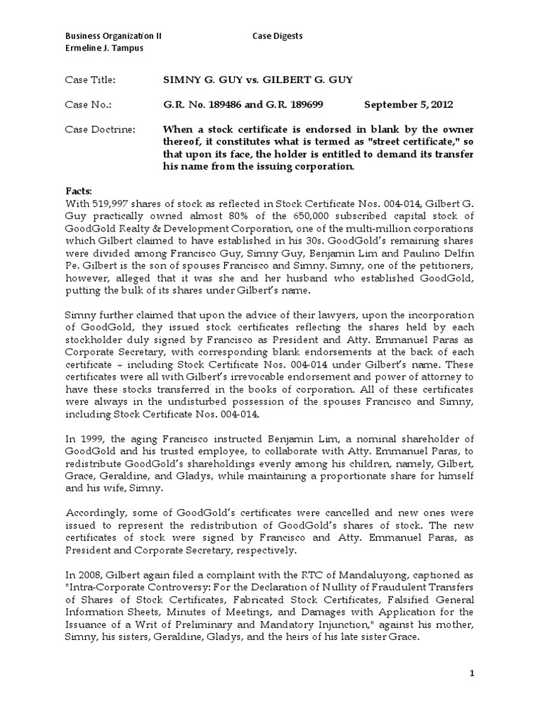 SIMNY G. GUY vs. GILBERT G. GUY | Download Free PDF | Stocks | Corporations