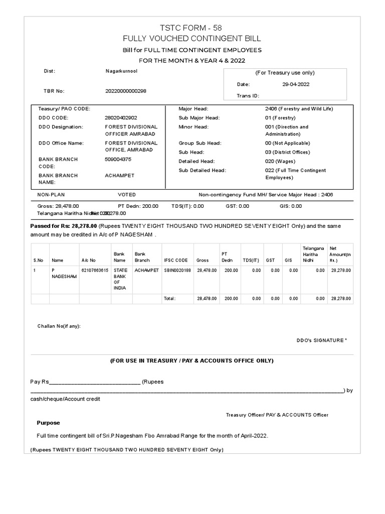 TSTC Form - 58 Fully Vouched Contingent Bill: Bill For Full Time ...