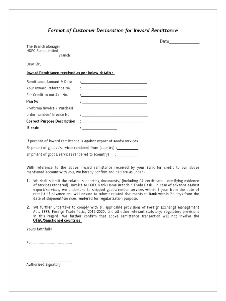 Format of Customer Declaration For Inward Remittance: Date | PDF