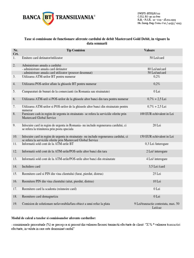 Comisioane Mastercard Gold Debit | PDF