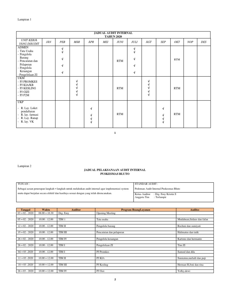 Jadwal Audit Internal Puskesmas Bluto | PDF