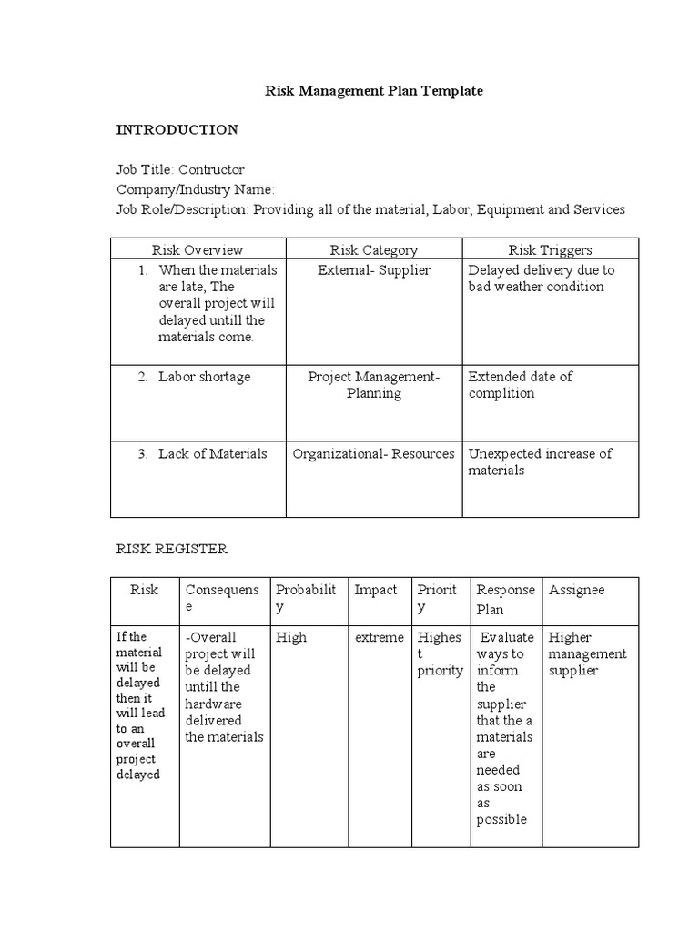 Risk Management Plan Template | PDF