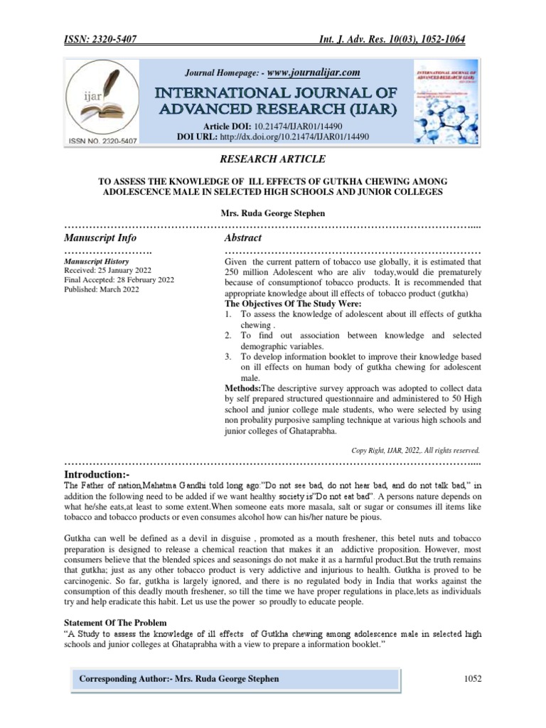 To Assess The Knowledge of Ill Effects of Gutkha Chewing Among ...