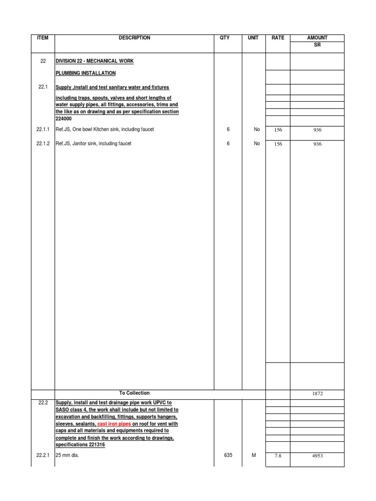 ZFP MEP BOQ Plumbing+Hvac1 | PDF | Plumbing | Tap (Valve)