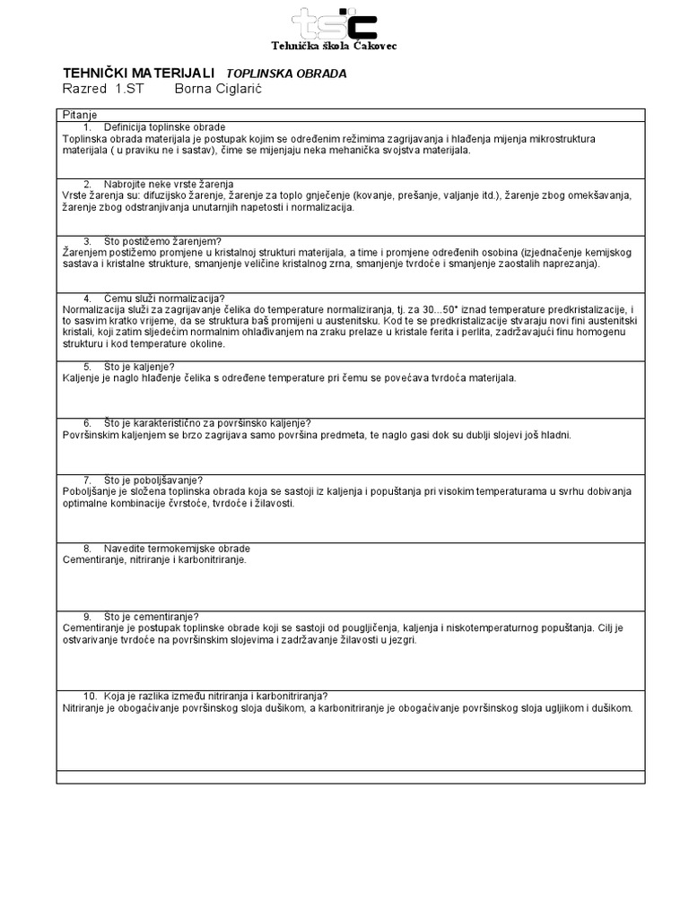 Tehnički Materijali 1.ST TOPLINSKA OBRADA-Vježba | PDF