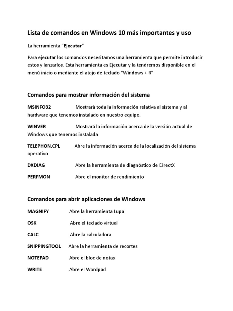 Lista de Comandos en Windows 10 | PDF | Microsoft Windows | Archivo de ...