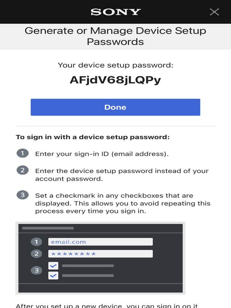 Generate or Manage Device Setup Passwords Sony | PDF