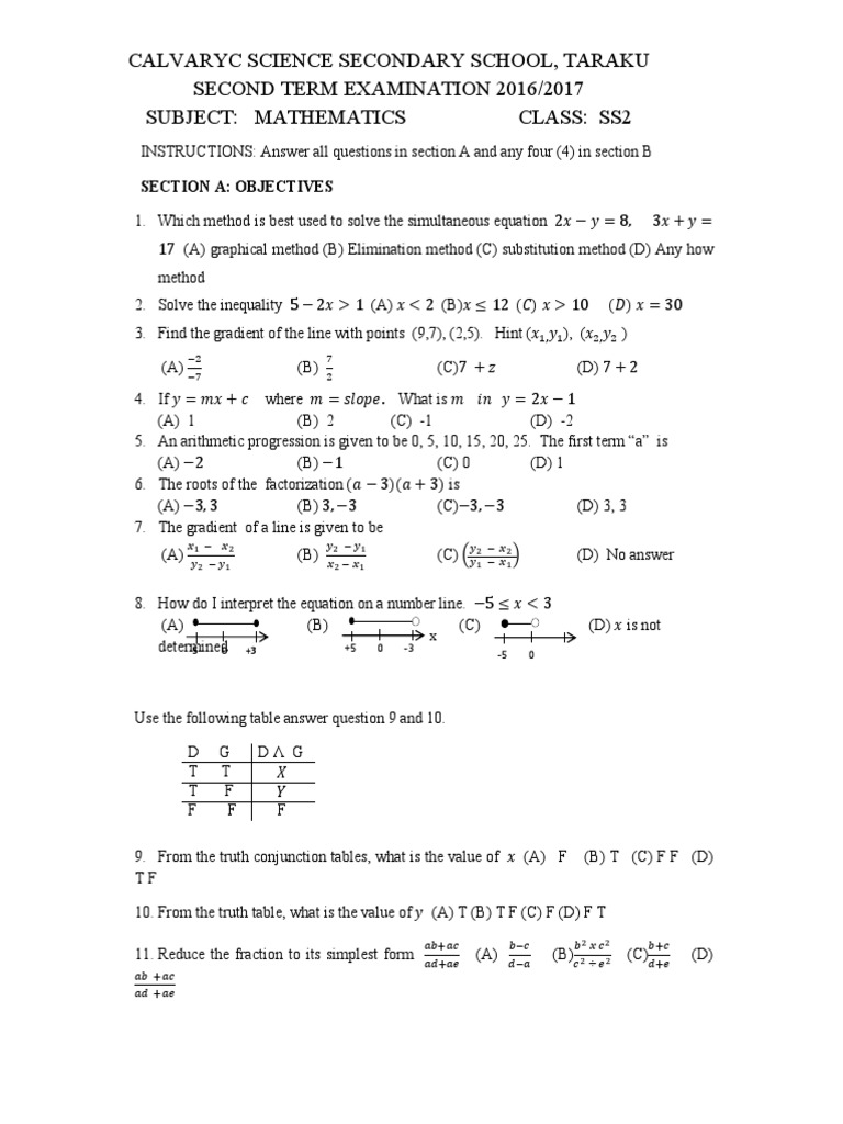 SS2 Mathematics Exam Questions 2016/17 | PDF | Equations | Mathematics