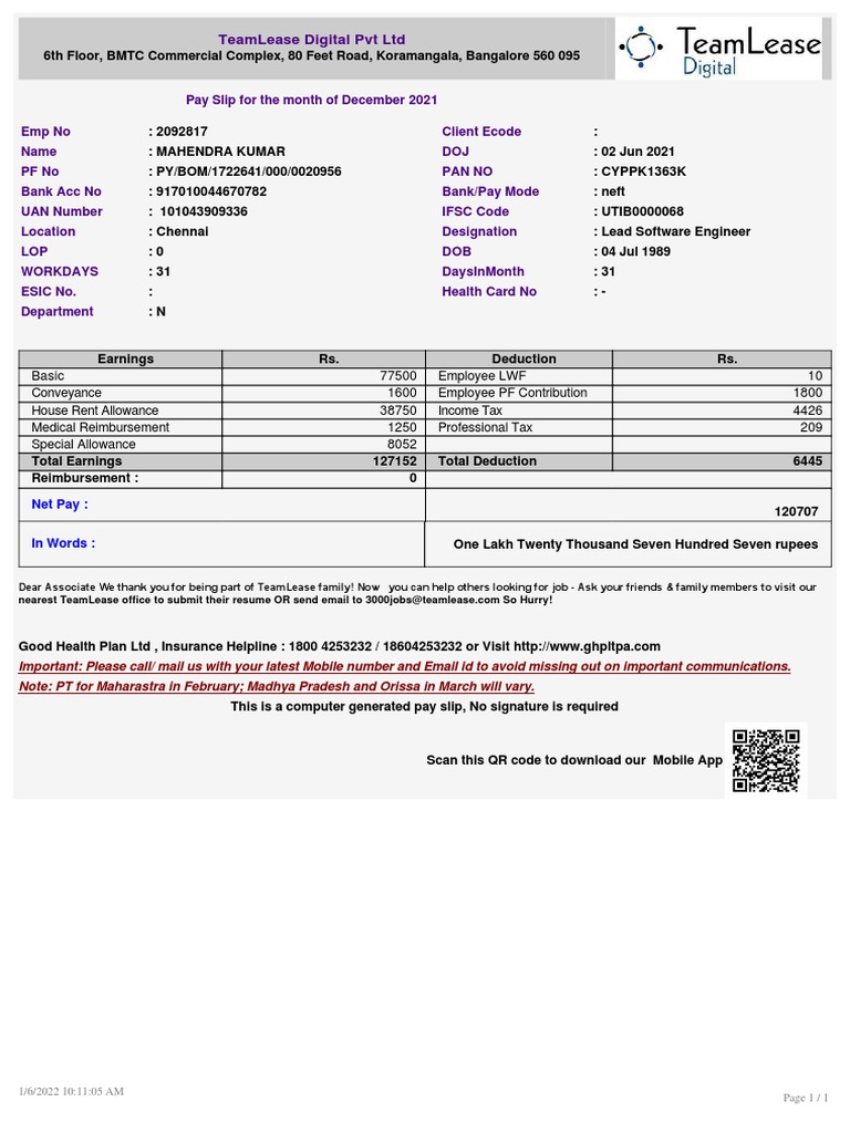 2092817_December 2021_PaySlip (1) | PDF | Payments | Taxes
