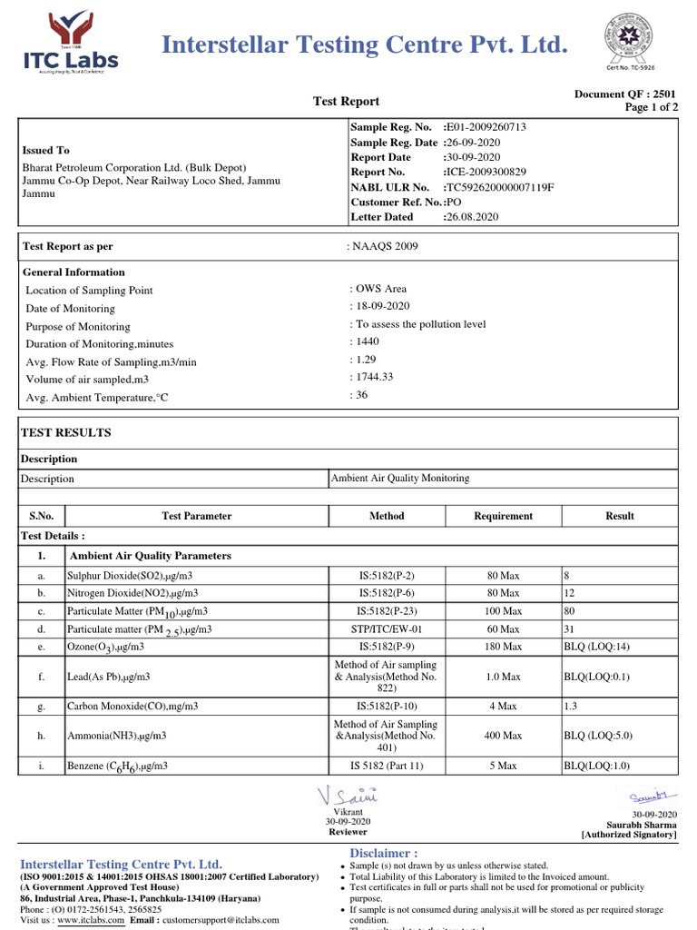 Interstellar Testing Centre Pvt. LTD.: Test Report | PDF | Air ...