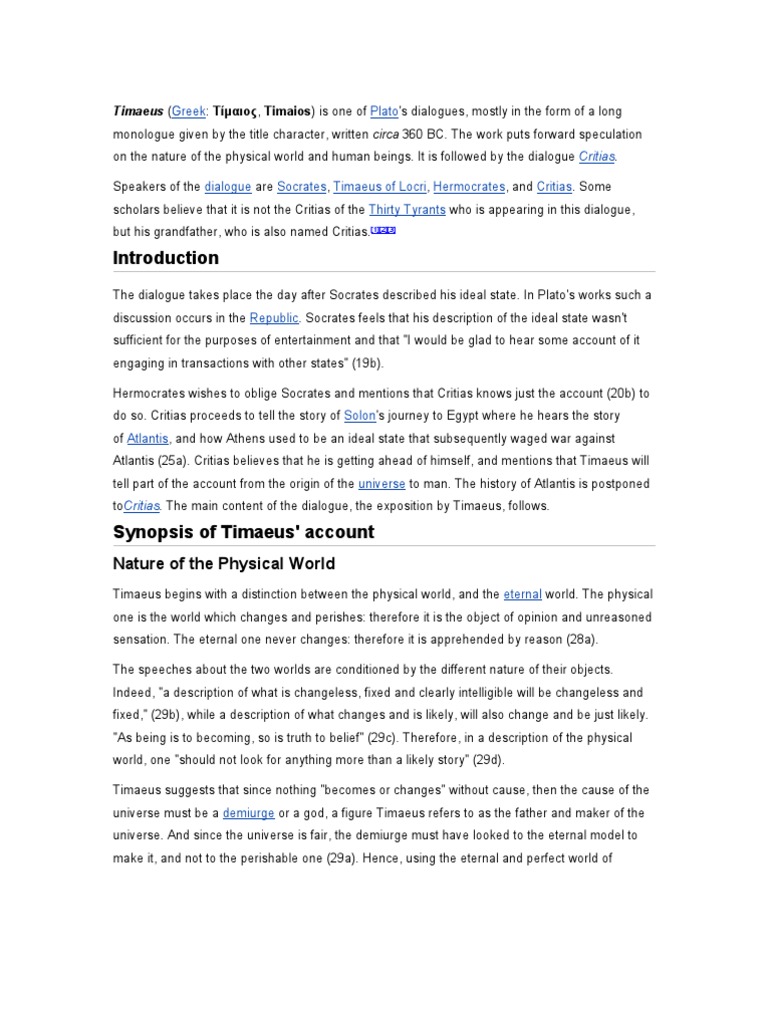 Timaeus Dialogue Explains Plato's Vision of the Physical World | PDF ...