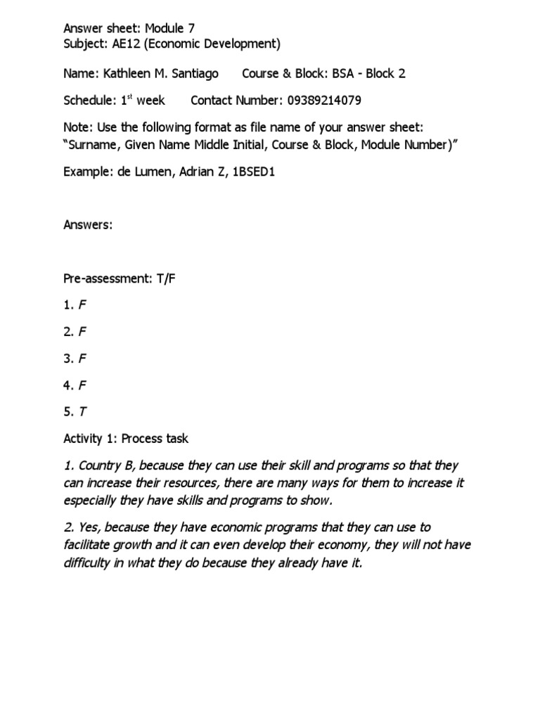 AE12 Answer Sheet Module 7 | PDF | Economic Development | Hunger