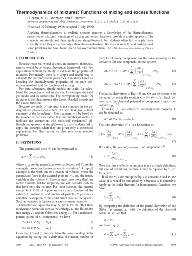 Thermodynamics of Mixtures: Functions of Mixing and Excess Functions ...